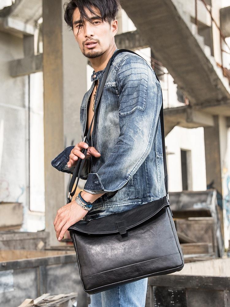 Black Casual Leather Mens 10 inches Side Bag Postman Bag Black ...
